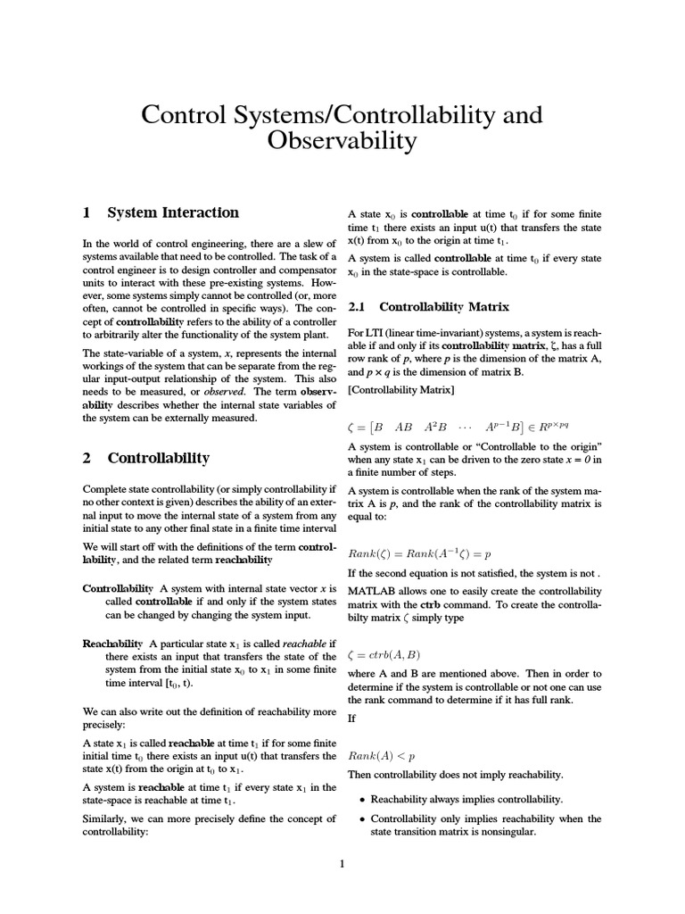 Control Systems Controllability And Observability 1 System Interaction Pdf Matrix