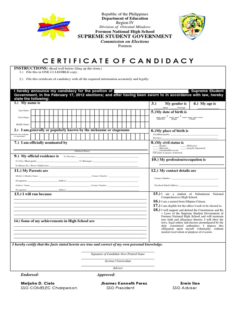 Coc for Ssg g11 Representatives | Government Information | Virtue