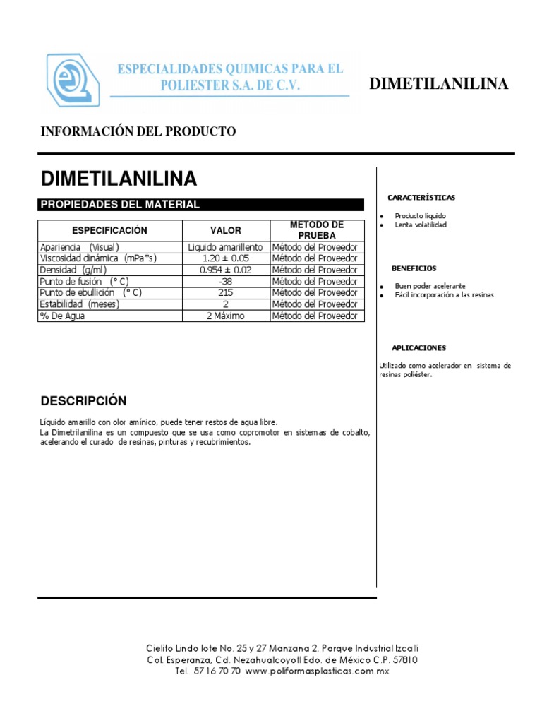 Dimetilanilina: Características y Usos | PDF | Líquidos | Agua