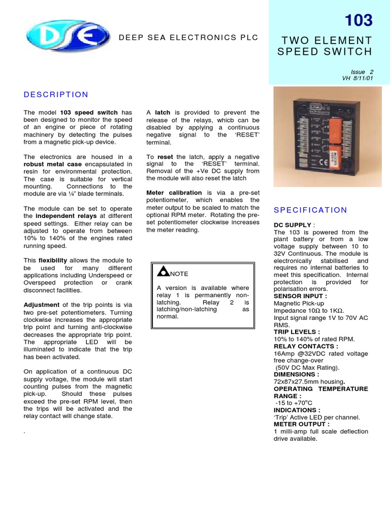 Two Element Speed Switch: Description | PDF | Relay | Switch