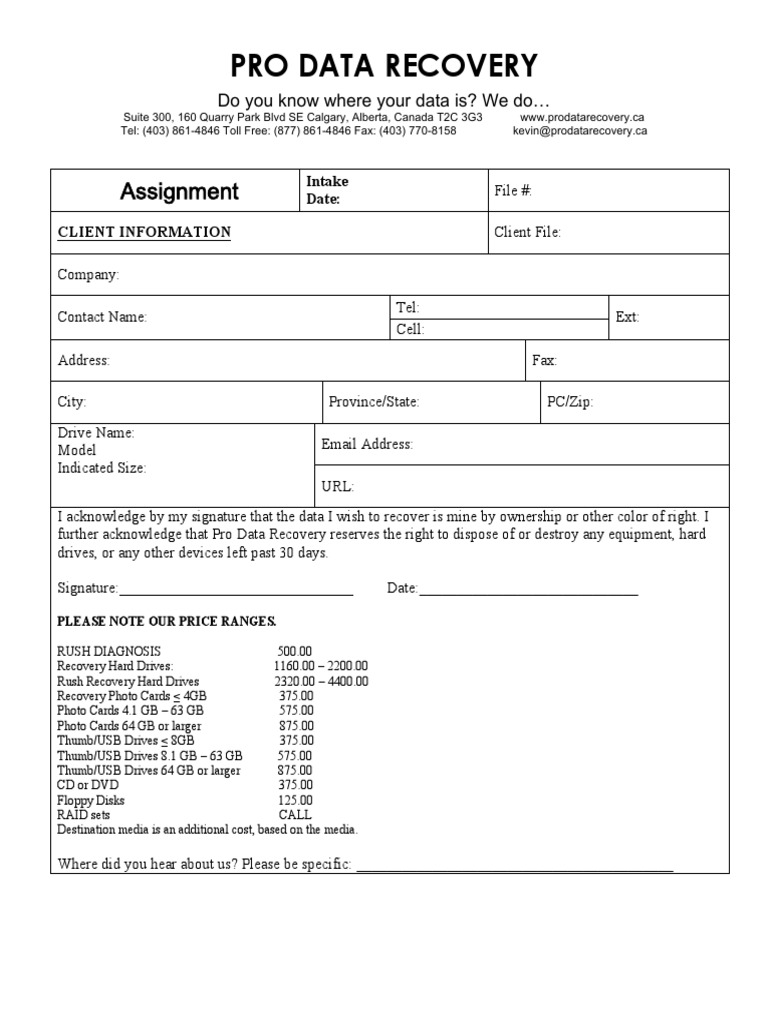 Data Recovery PDR Intake Sheet | PDF