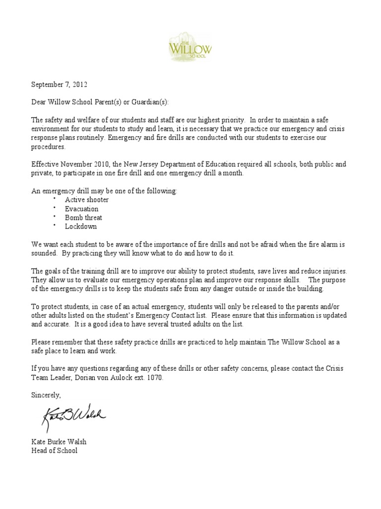 Fire Drill Letter | PDF