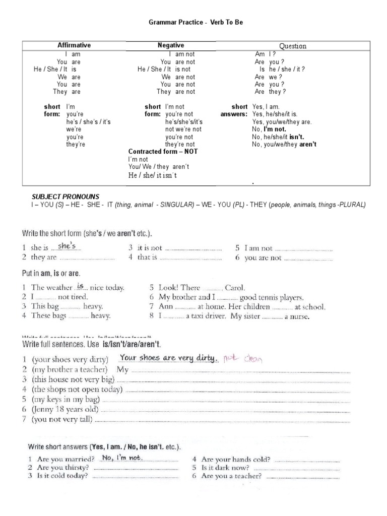 Grammar Practice - Verb To Be: Subject Pronouns | PDF
