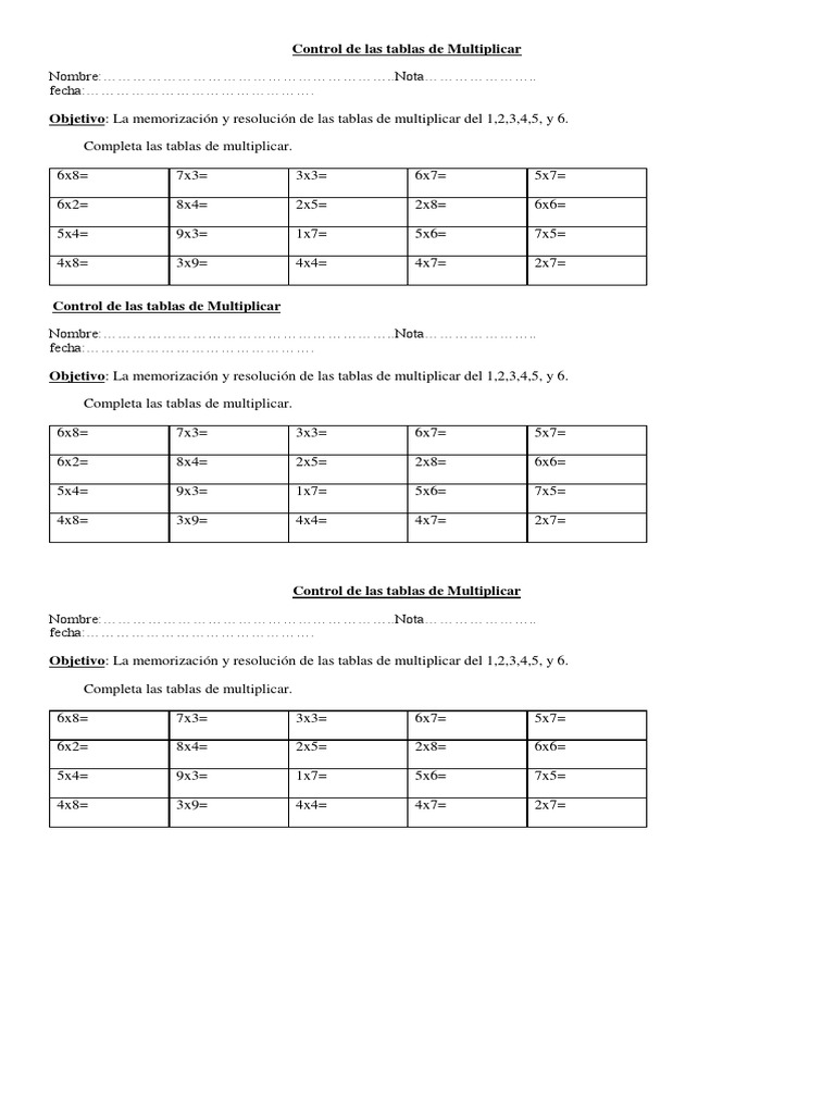 Control de Tablas de Multiplicar | PDF | Multiplicación | Modelado ...