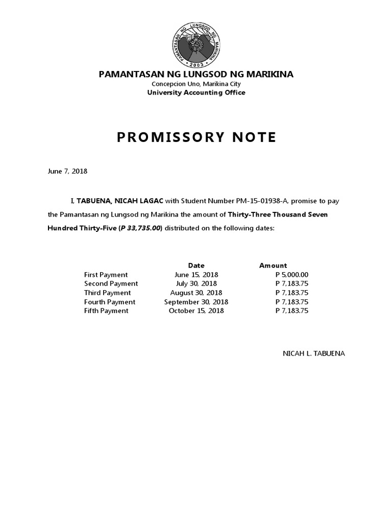 Promissory Note: Pamantasan NG Lungsod NG Marikina | PDF
