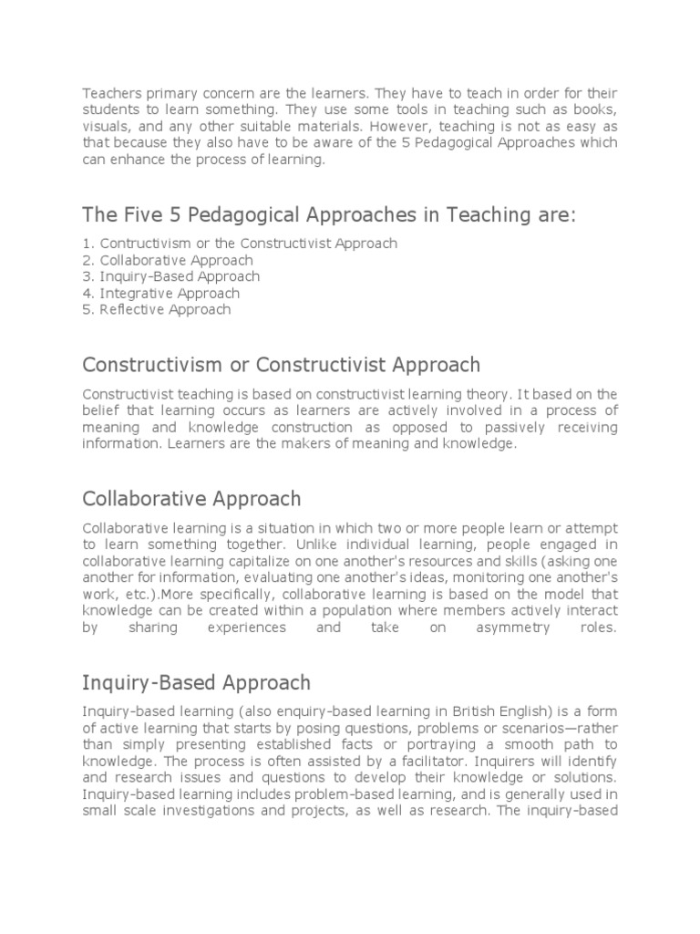 The Five 5 Pedagogical Approaches in Teaching Are | PDF | Inquiry Based ...