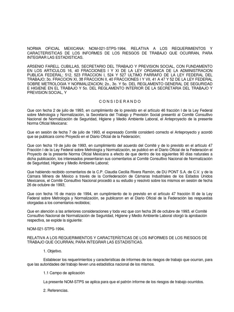 NOM 021 STPS 1994 Informes Riesgos Trabajo | PDF | México | Gobierno