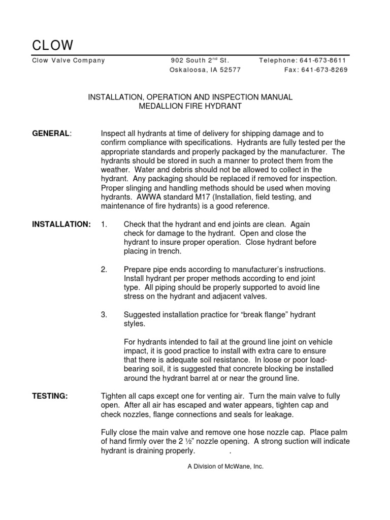 Operations Maintenance Manual Medallion Hydrant 380caae9 PDF | PDF ...