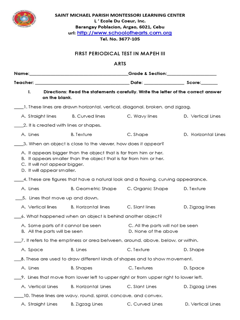 Grade 3 MAPEH 1st Periodical Test | PDF | Shape | Geometry