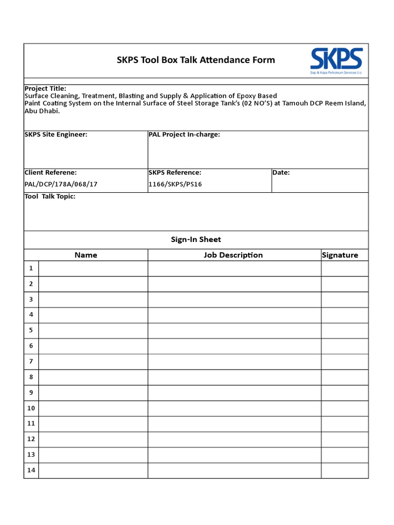 SKPS Tool Box Talk Attendance Form: Sign-In Sheet Name Job Description ...
