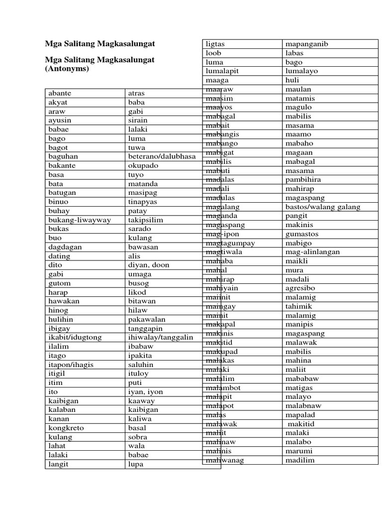 Mga Salitang Magkasalungat | PDF