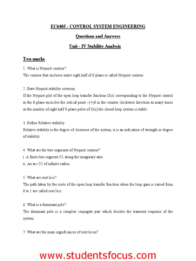 Ec6405 - Control System Engineering Questions and Answers Unit - IV Stability Analysis Two Marks ...