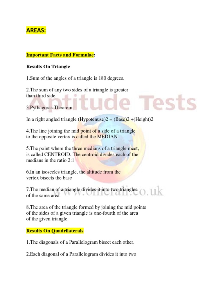 Areas:: Important Facts and Formulae: Results On Triangle | PDF