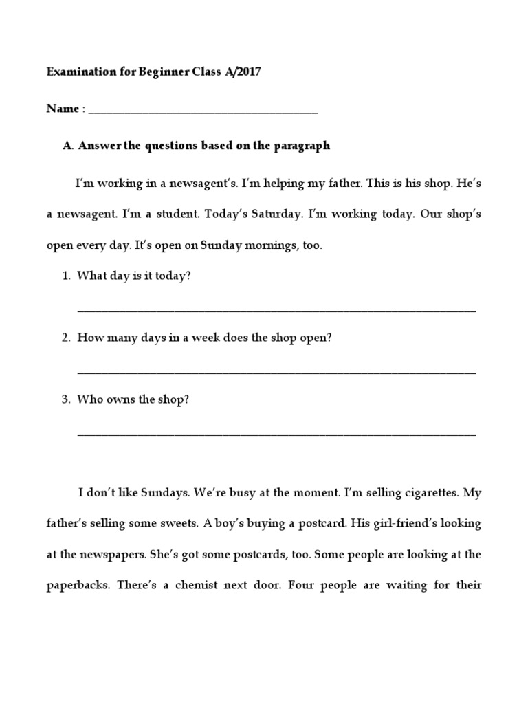 Examination For Beginner Class A/2017 Name: - A. Answer The Questions ...