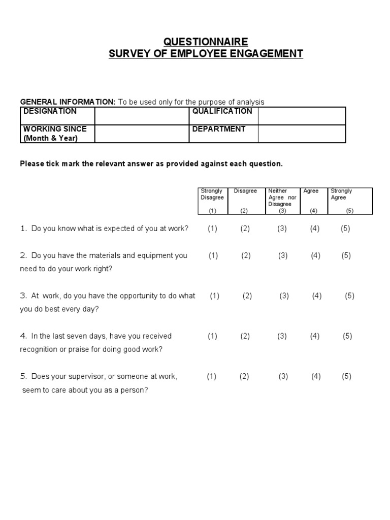 Employee Engagement Survey Questionnaire | PDF | Business | Cognition