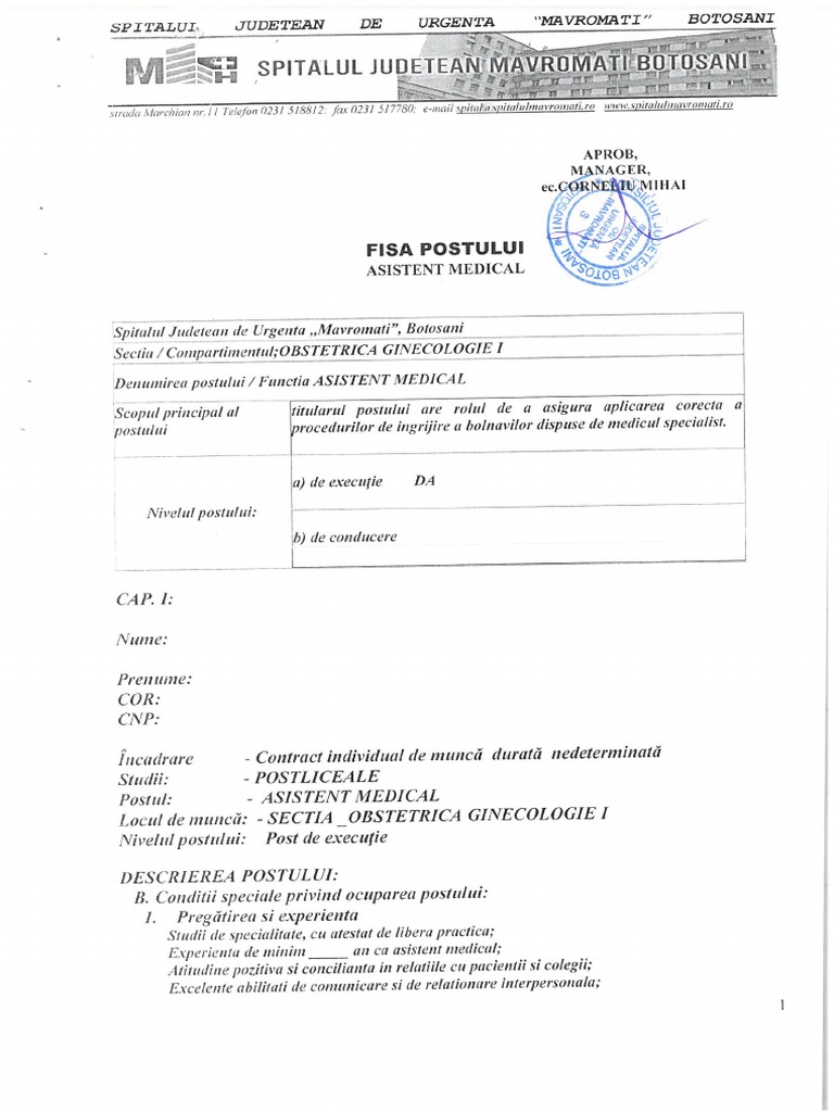 Fisa Post Asistent Medical Obstetrica Ginecologie I | PDF