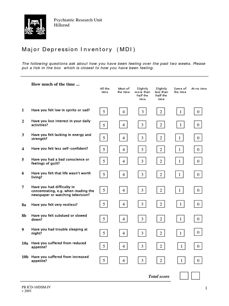 MDI Major Depression Inventory - English.pdf | Major Depressive ...