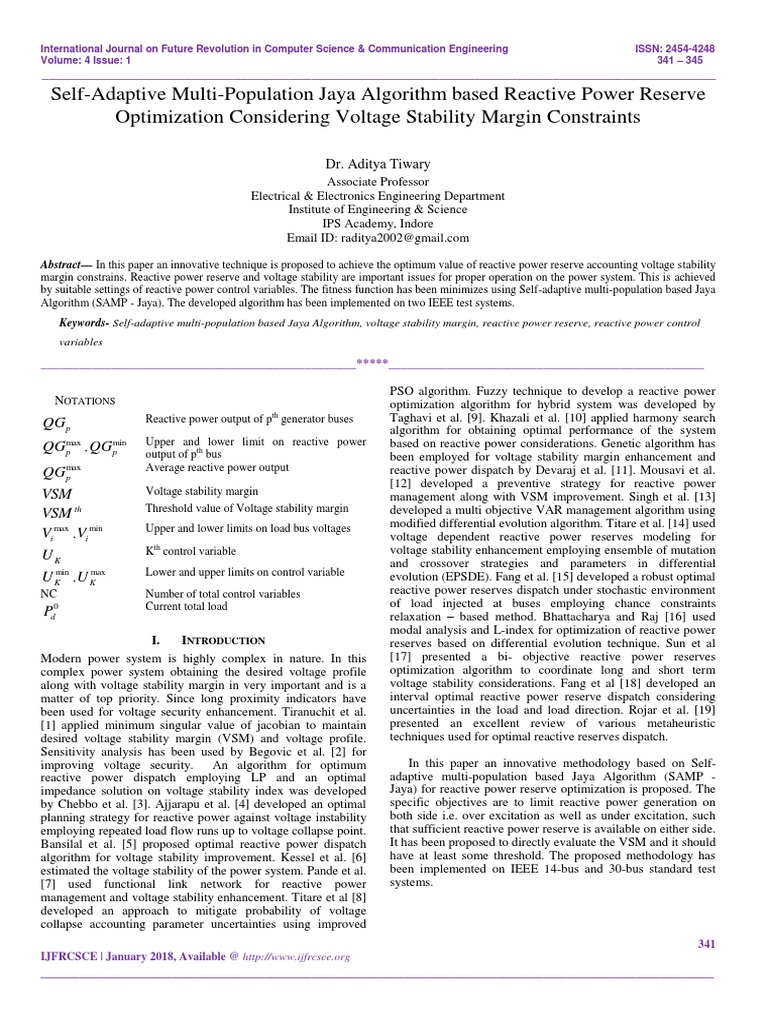 Self-Adaptive Multi-Population Jaya Algorithm Based Reactive Power Reserve Optimization ...