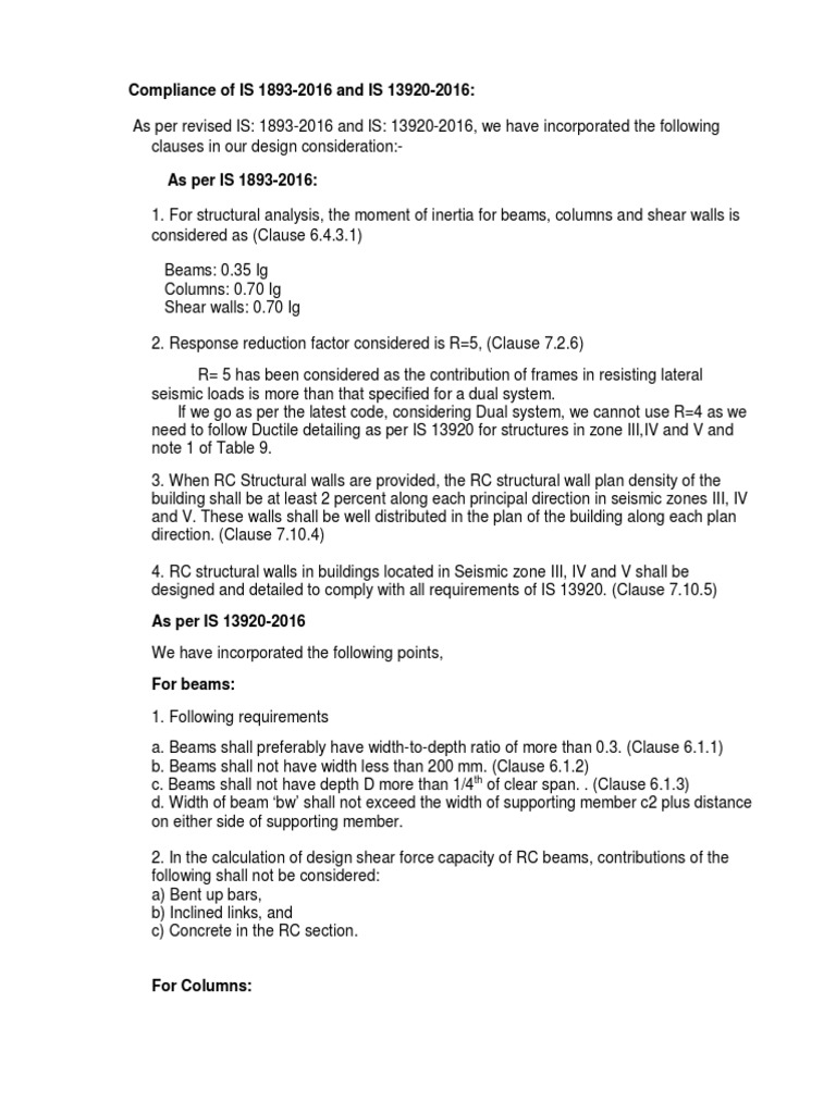 Compliance of IS 1893 and IS 13920 seismic codes | PDF