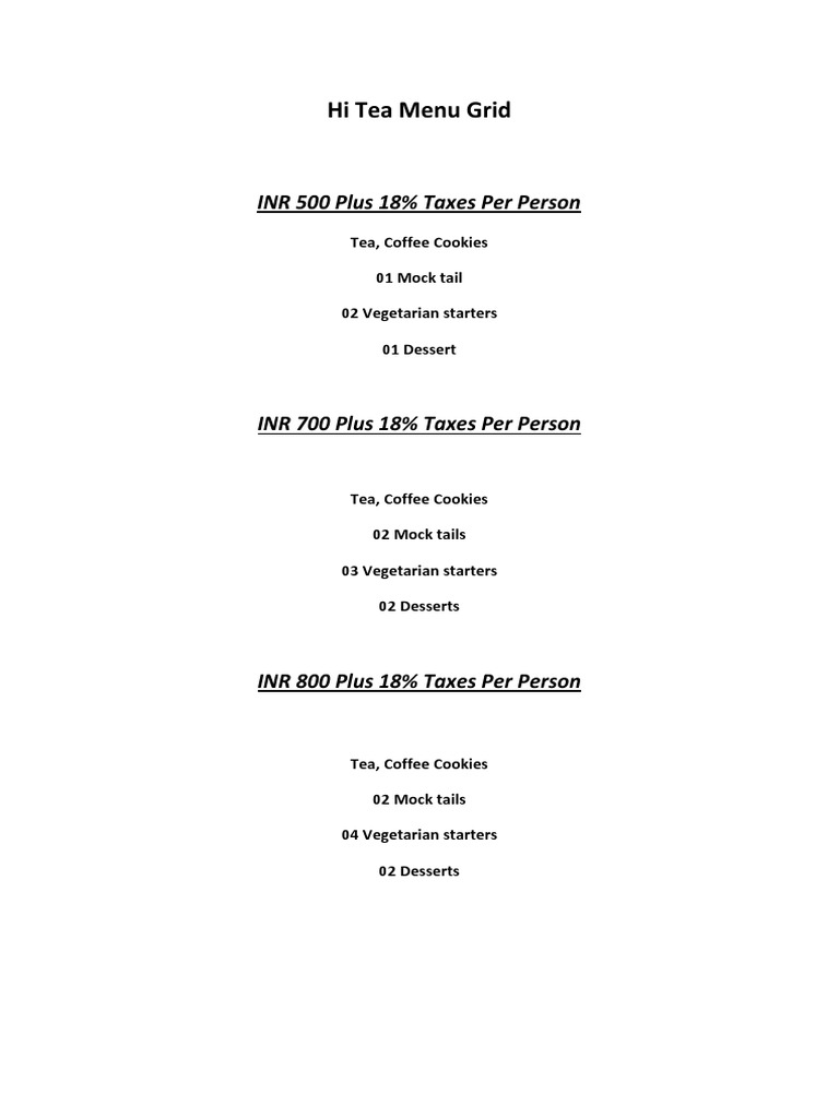 Hi Tea Menu Grid: INR 500 Plus 18% Taxes Per Person | PDF | Cooking ...