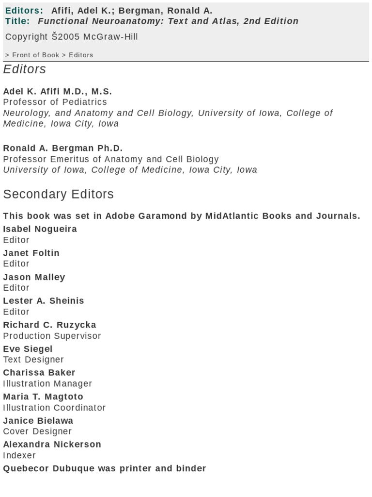 Functional Neuroanatomy Text And Atlas 2nd Edition By Adel Afifi Pdf