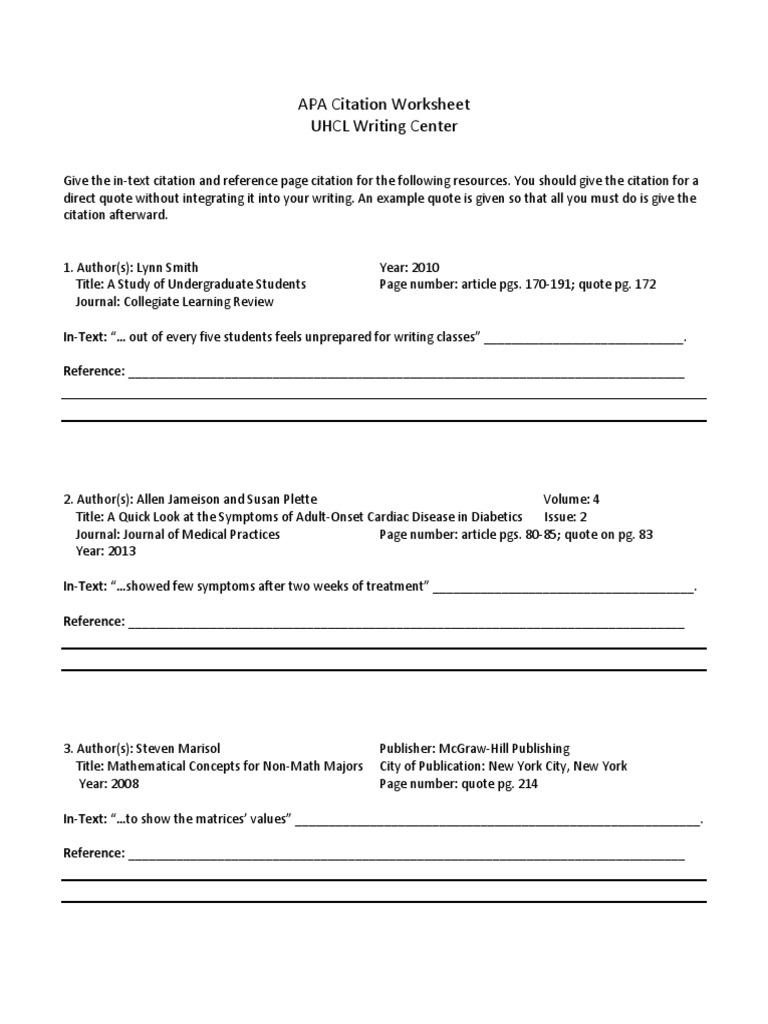 APA Citation Worksheet Guide | PDF | Health Care