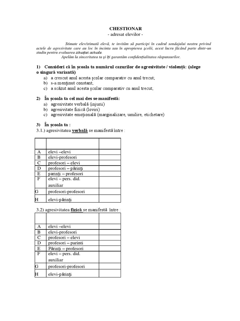 CHESTIONAR ELEVI VIOLENTA