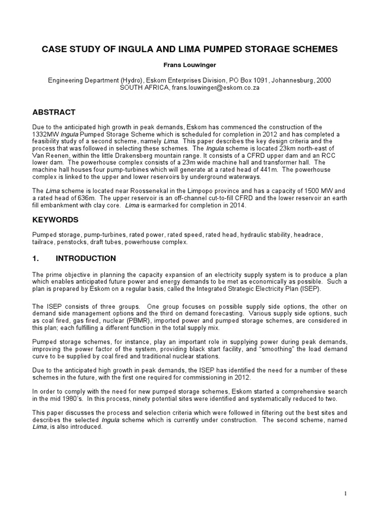 Analysis of the Ingula and Lima Pumped Storage Schemes: A Case Study on Two of Eskom's Major ...