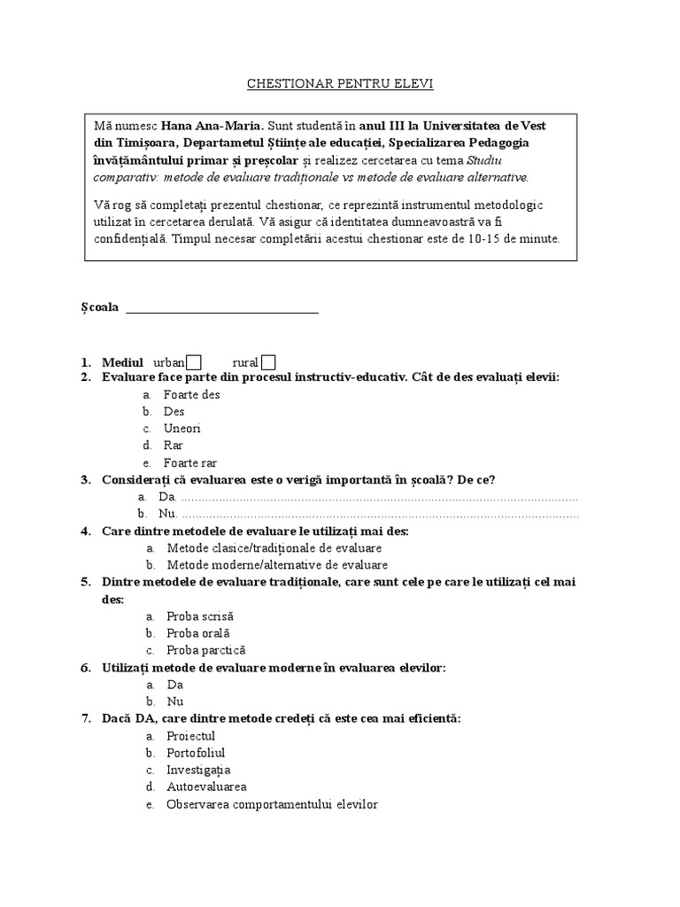 Chestionar Pentru Elevi