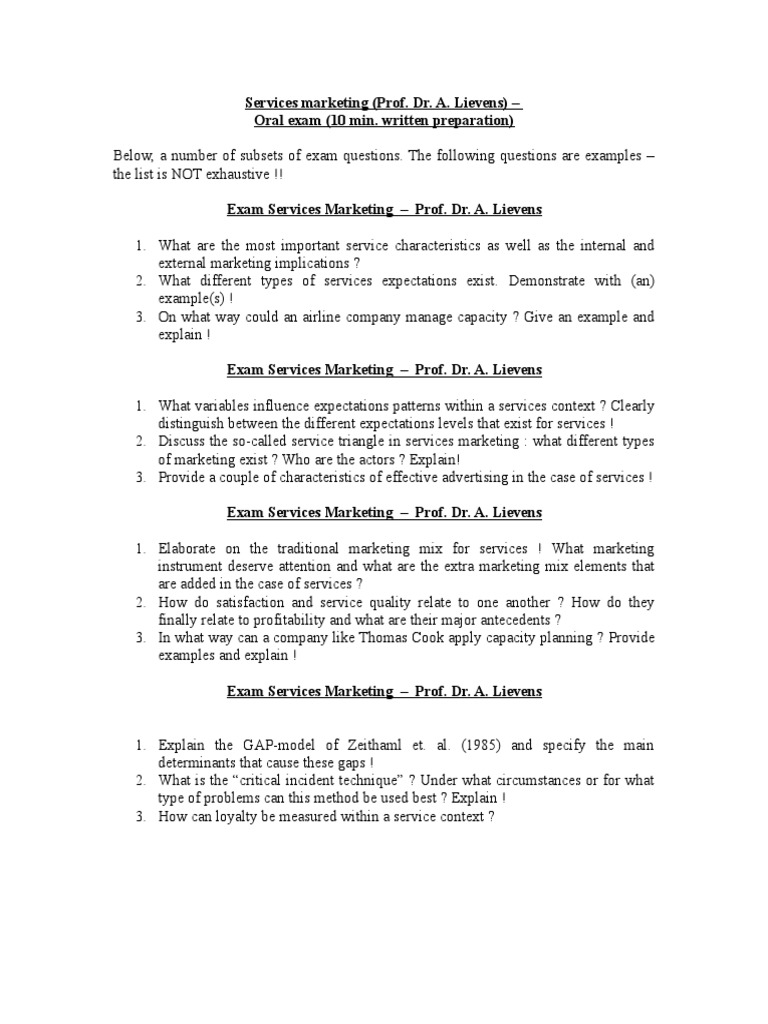 A Comprehensive Review of Key Exam Questions Covering Core Concepts in Services Marketing ...