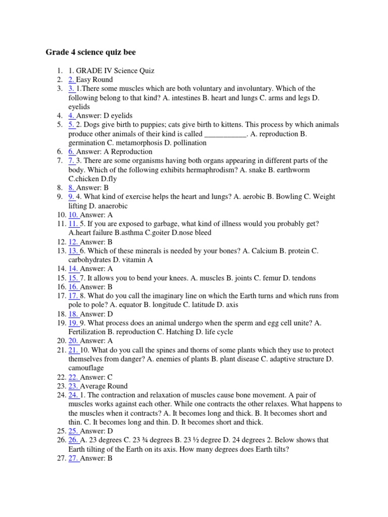 Grade 4 Science Quiz Bee | Download Free PDF | Earth | Muscle