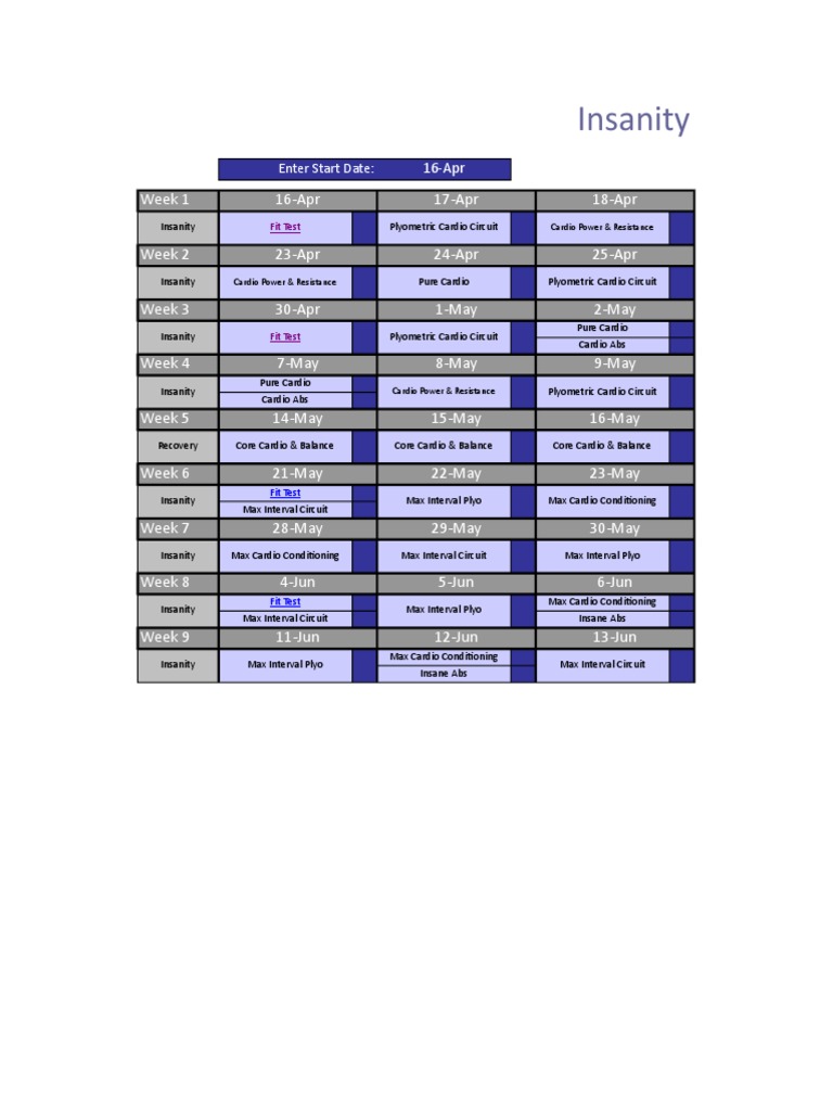 Insanity Dig Deeper Workout Calendar | PDF | Aerobic Exercise | Self Care