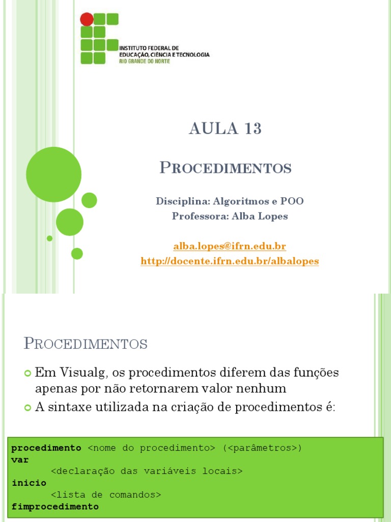 Aula 13 - Procedimentos | PDF | Algoritmos | Parâmetro (programação de ...