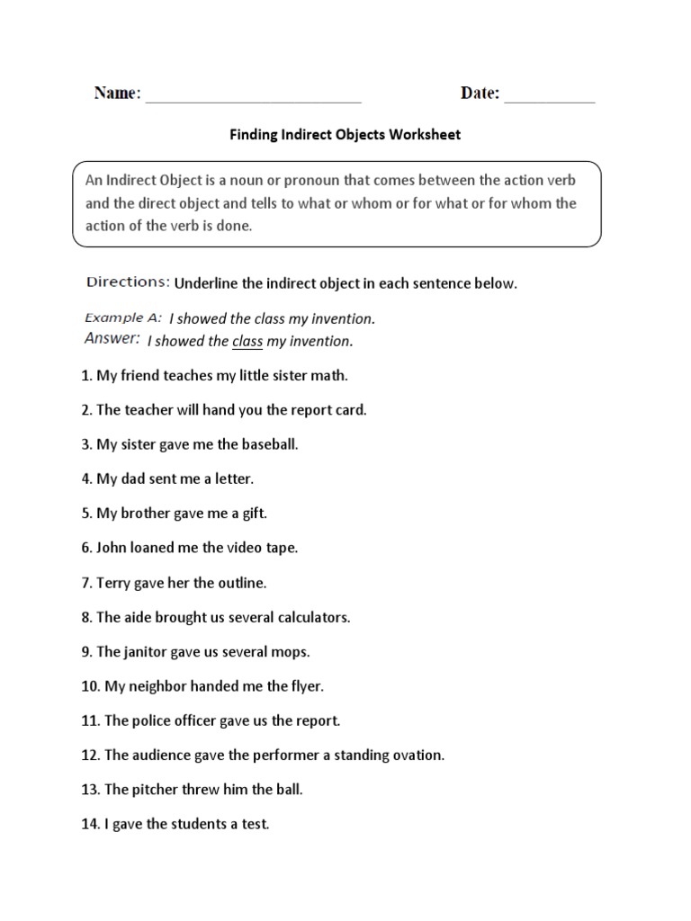 Finding Indirect Objects Worksheet | PDF