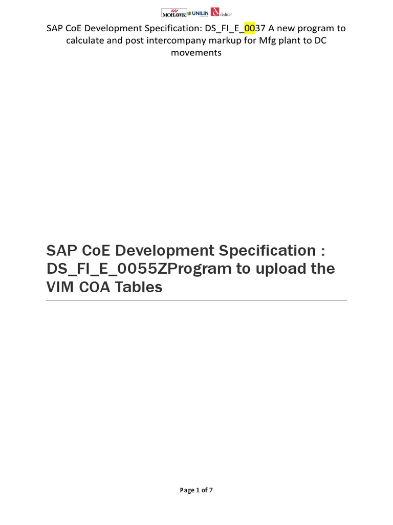 DS - FI - E - 0055 Z Program To Upload The VIM COA Tables | PDF ...