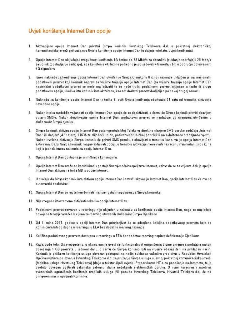 Simpa - Uvjeti Koristenja Opcije Internet Dan | PDF