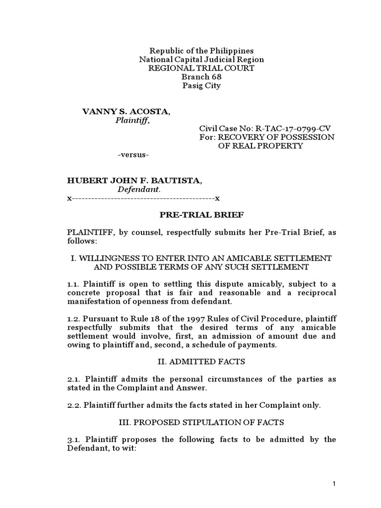 Pre-Trial Brief Final | PDF | Lawsuit | Property
