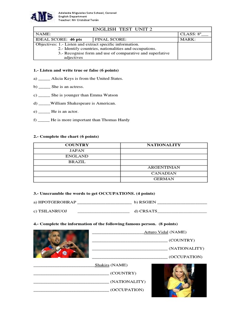 ENGLISH TEST UNIT 2 - Countries and Culture | PDF | Linguistic ...