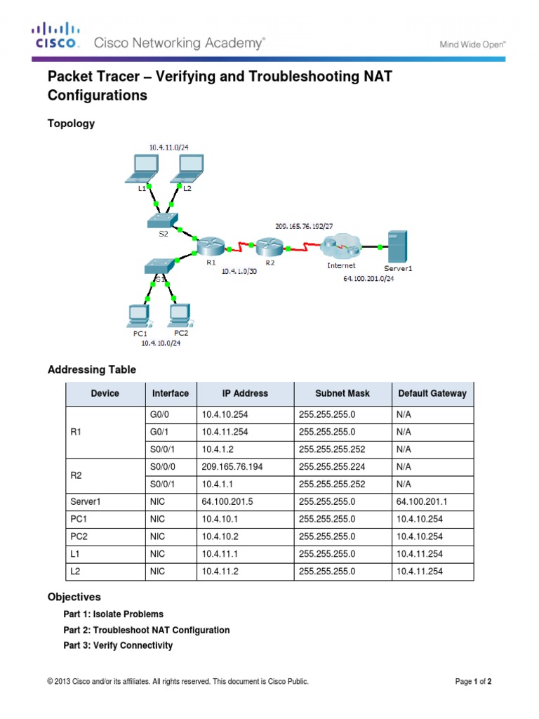 5.3.1.4 Packet Tracer - Verifying and Troubleshooting NAT Configurations Instructions | PDF | Ip ...
