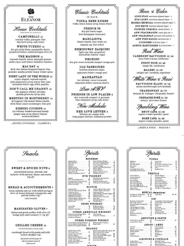 Eleanor-Inspired Cocktail Menu | PDF