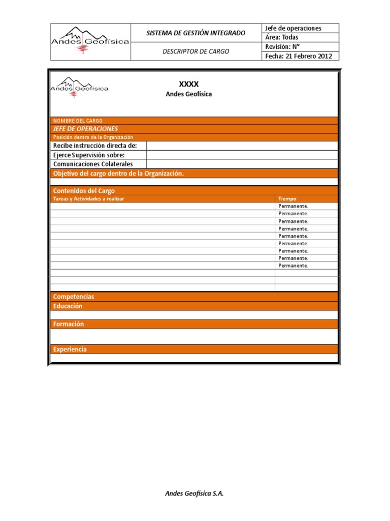 Formato Descriptor de Cargo | PDF | Calidad (comercial) | Business