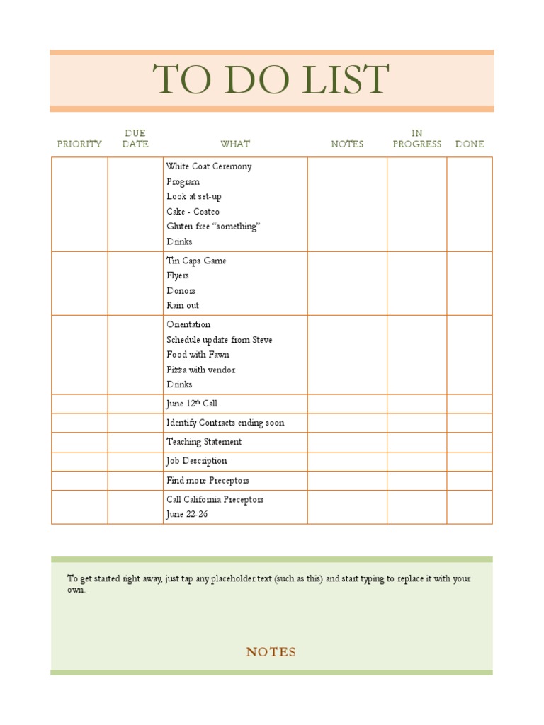 To Do List: Priority DUE Date What Notes IN Progress Done | PDF | Business