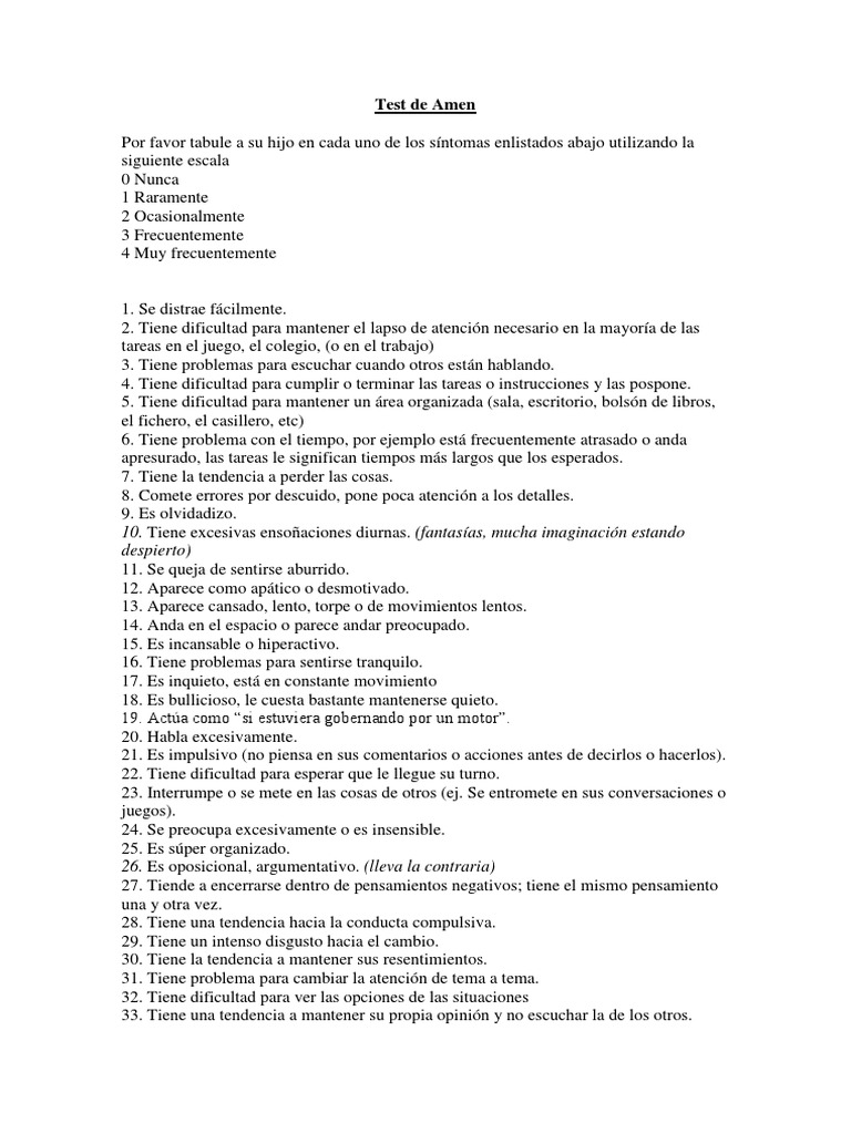 Test de Amen para Trastornos de Atención | PDF | Desorden hiperactivo y ...