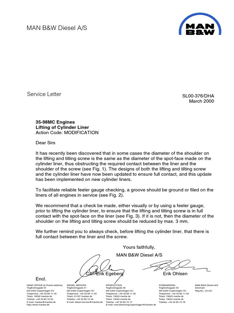 Lifting of Cylinder Liner Sevice Letter | PDF | Propulsion | Rotating ...