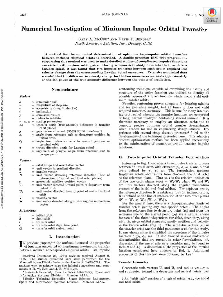 Numerical Investigation of Minimum Impulse Orbital Transfer | PDF | Orbit | Orbital Maneuver