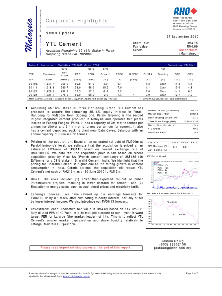 YTL Cement's Acquisition of Perak-Hanjoong | PDF | Securities (Finance ...