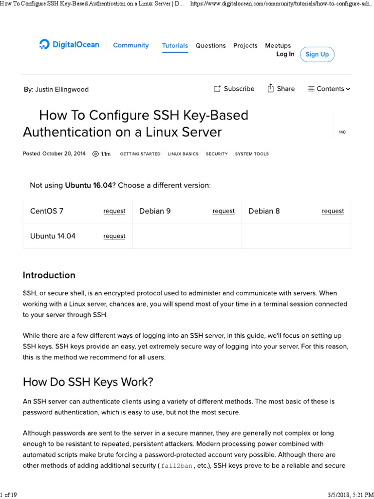 How To Configure Ssh Key Based Authentication On A Linux Server Digitalocean Pdf Secure