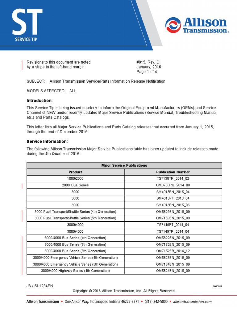 Allison Transmission Service Parts Information Release Notification ...
