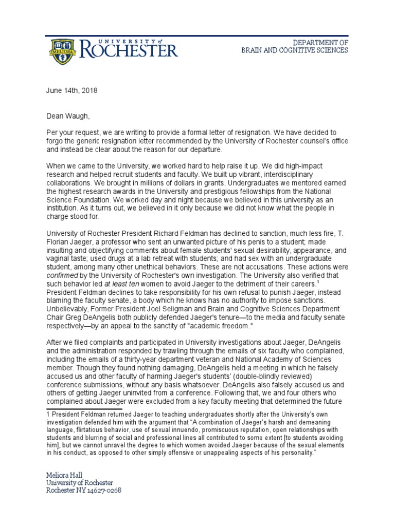 University of Rochester Letter of Resignation | PDF | University | Violence