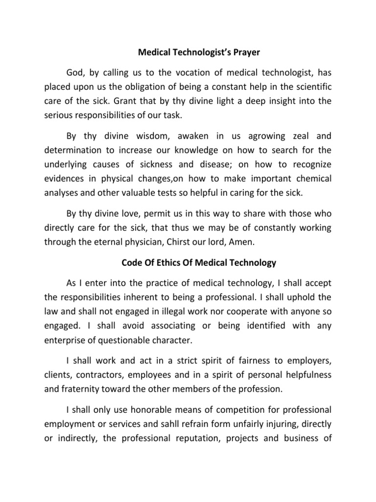 Medical Technologist's Prayer and Ethics | PDF | Profession | Employment
